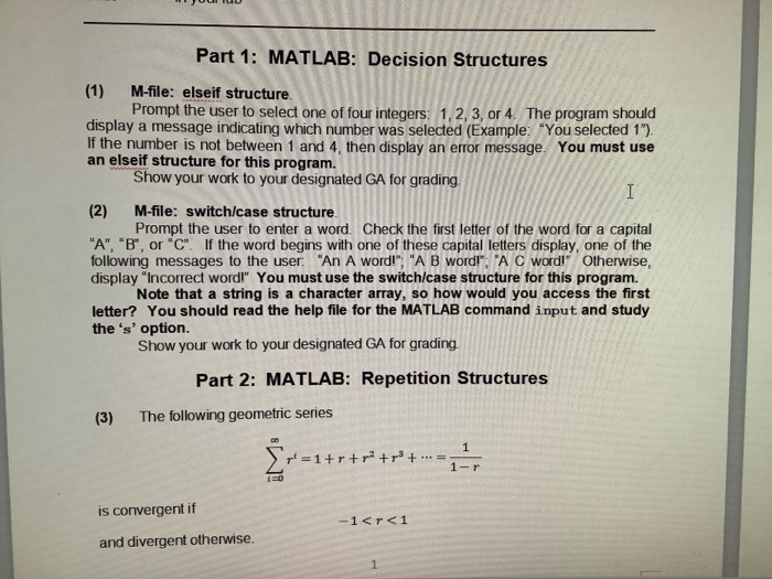 Solved Part 1: MATLAB: Decision Structures (1) M-file: | Chegg.com