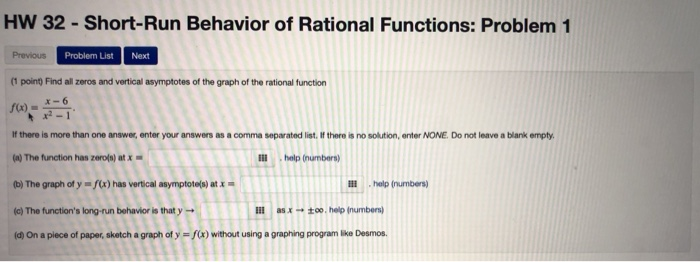 Solved HW 32 - Short-Run Behavior of Rational Functions: | Chegg.com