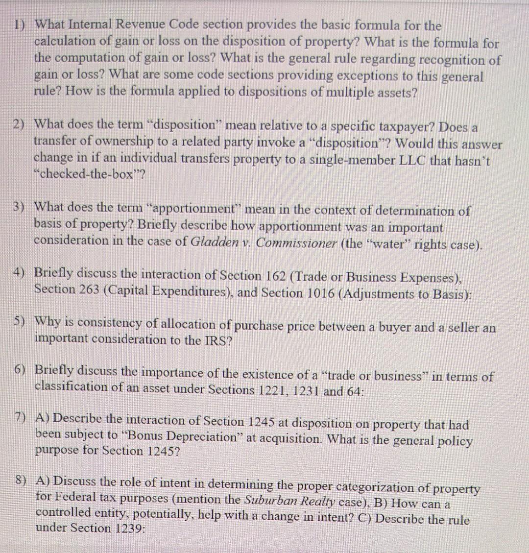 Solved 1) What Internal Revenue Code section provides the | Chegg.com