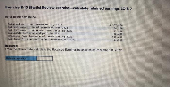 Solved Exercise 8-10 (Static) Review exercise-calculate | Chegg.com Solved Exercise 8-10 (Static) Review exercise-calculate | Chegg.com