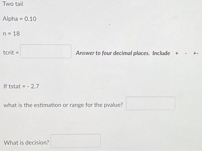Solved Two tail Alpha =0.10 n=18 tcrit = Answer to four | Chegg.com