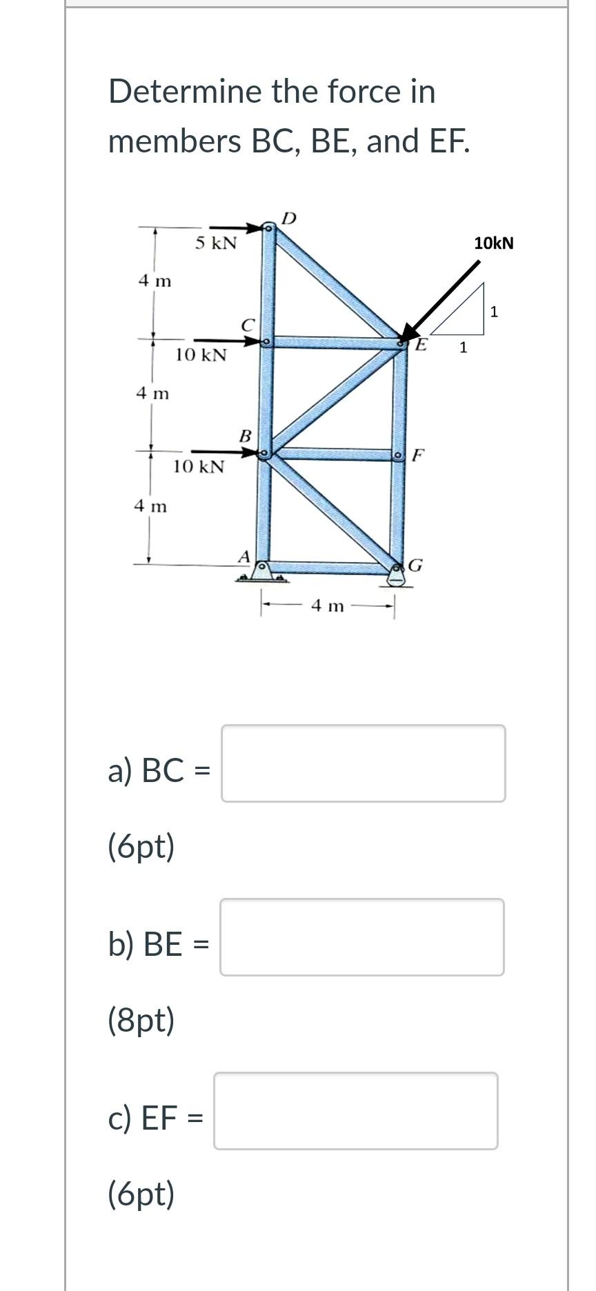 Solved Determine the force in members BC,BE, and EF. | Chegg.com