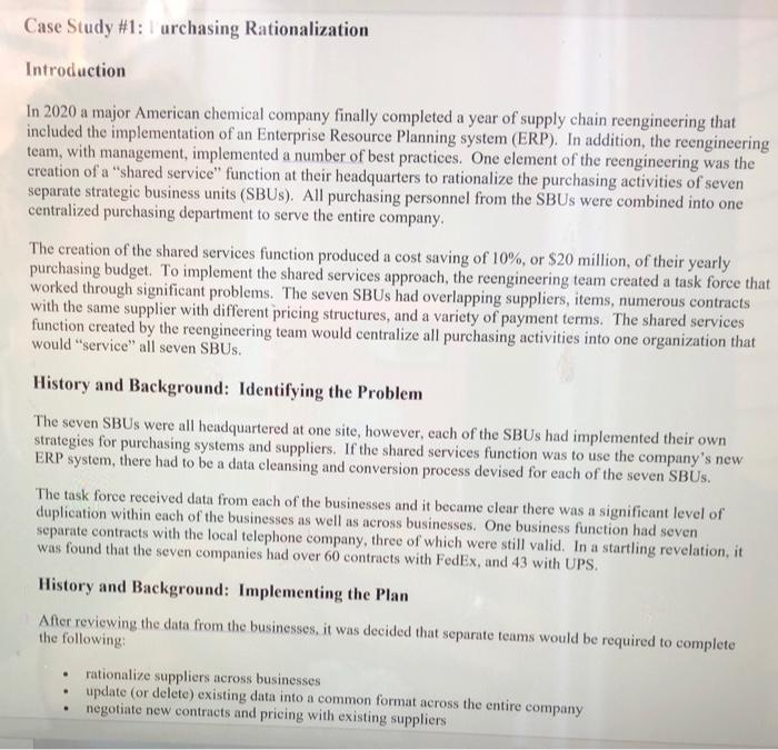 Solved Case Study #1: urchasing Rationalization Introduction | Chegg.com