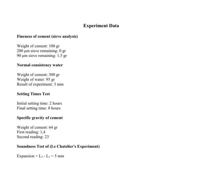 Solved Experiment Data Fineness of cement (sieve analysis) | Chegg.com