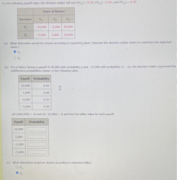 Solved or the following payoff table, the decision maker | Chegg.com