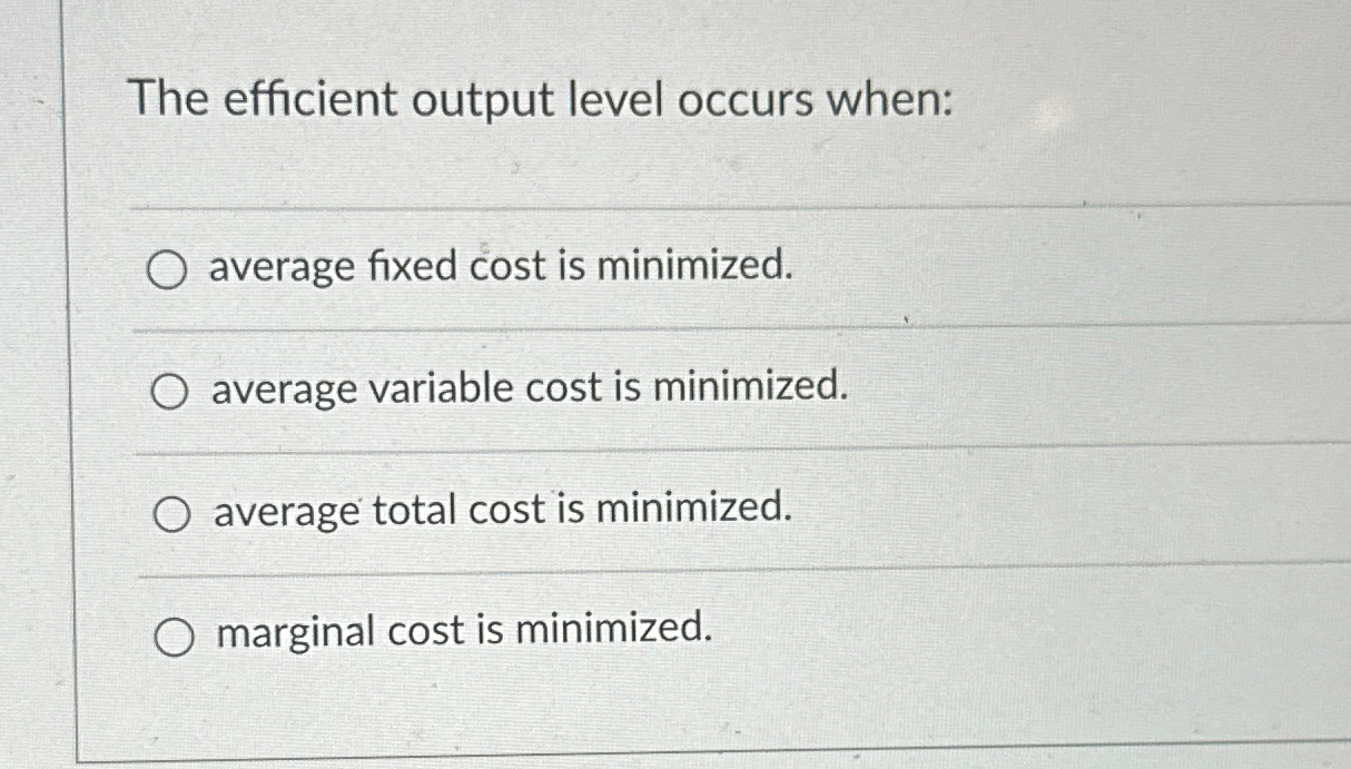Solved The efficient output level occurs when:average fixed | Chegg.com