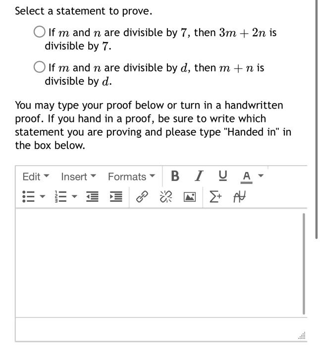 Solved Select a statement to prove. If m and n are divisible | Chegg.com
