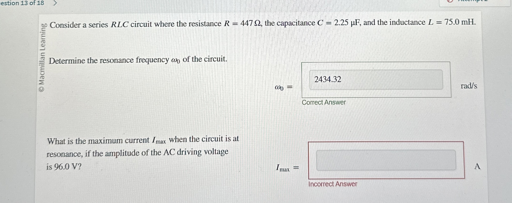 Solved estion 13 ﻿of 18What is the maximum current Imax | Chegg.com