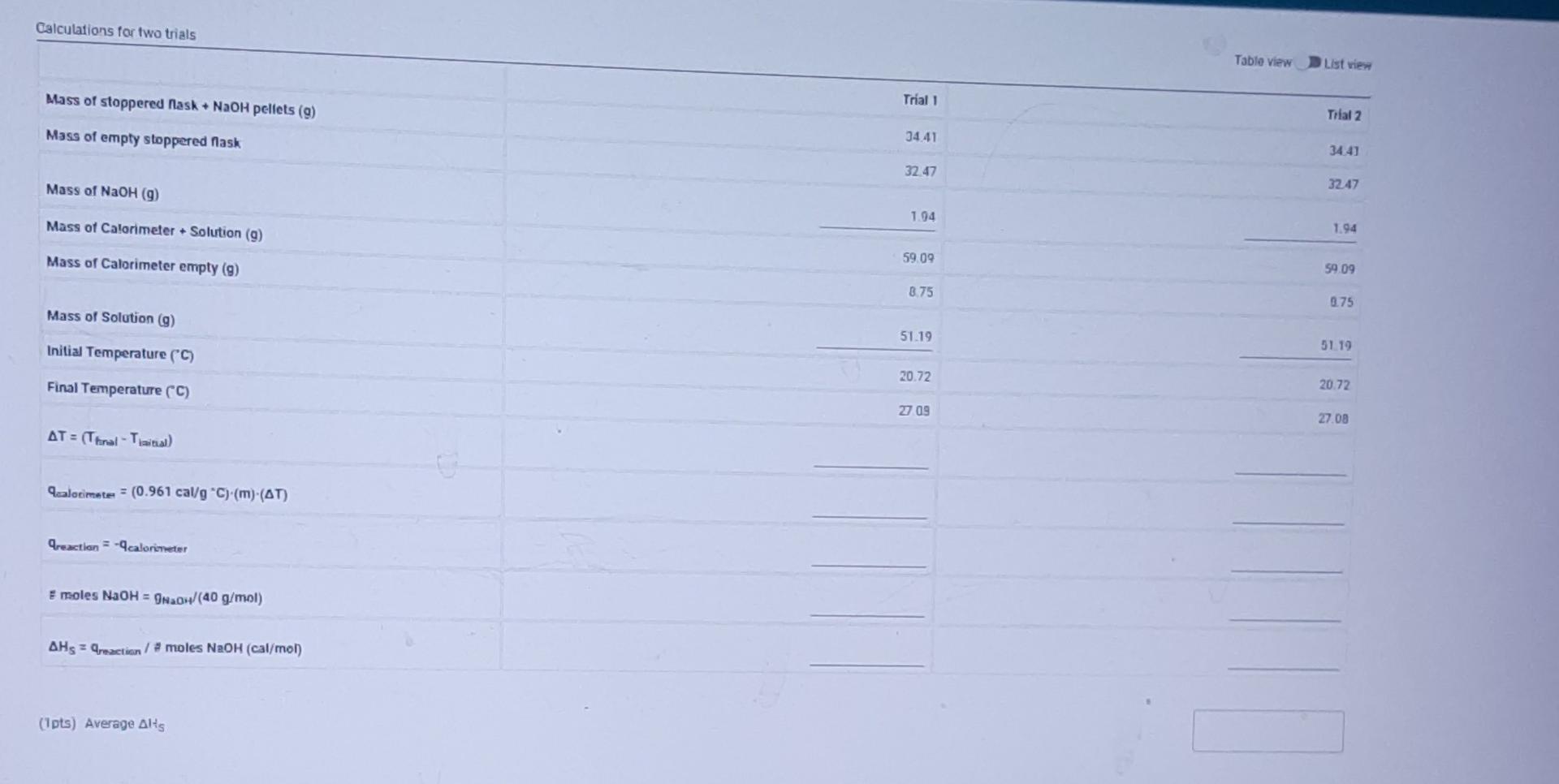 Solved Calculations for two trials Table view List View Mass | Chegg.com