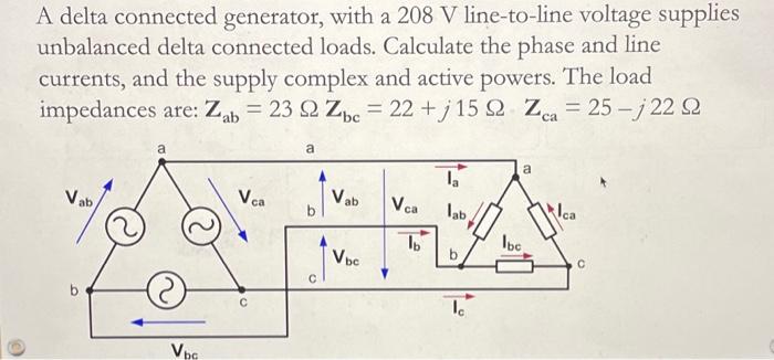 Solved A delta connected generator, with a 208 V | Chegg.com