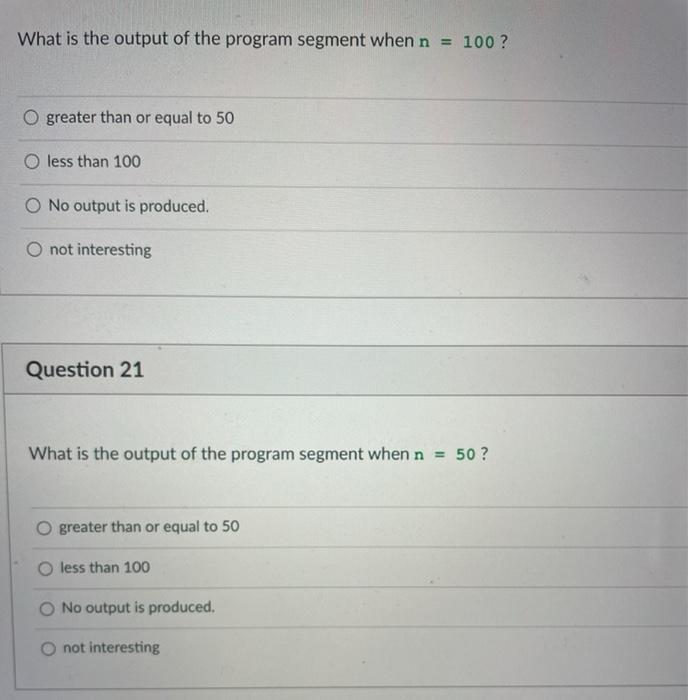 Solved n = Given the following program segment, answer | Chegg.com
