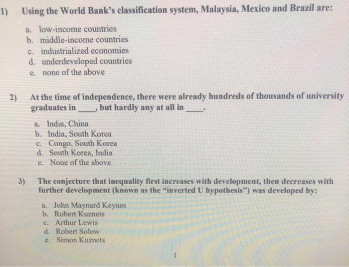Solved 1) Using the World Bank's classification system, | Chegg.com