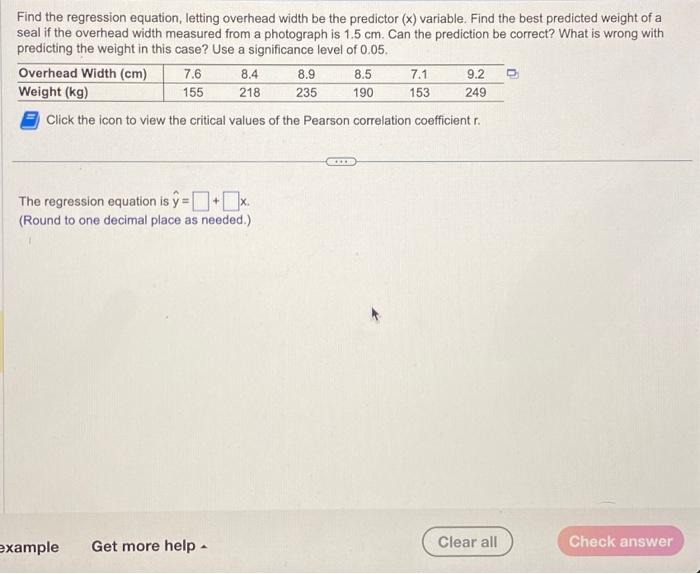 Solved Find the regression equation, letting overhead width | Chegg.com
