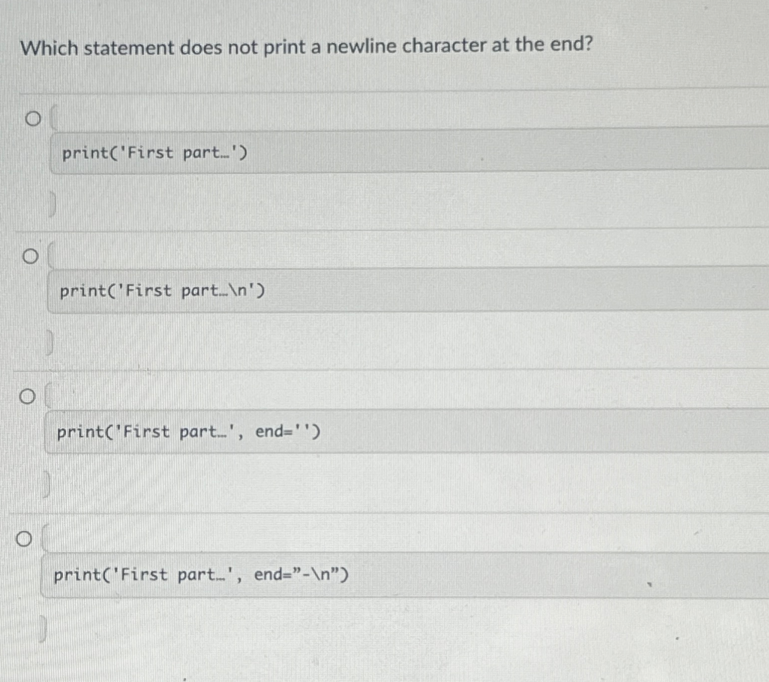 Solved Which statement does not print a newline character at | Chegg.com