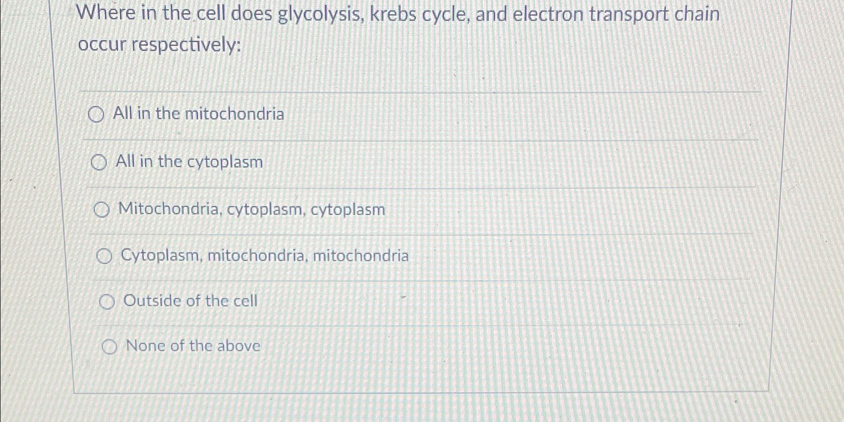Solved Where in the cell does glycolysis, krebs cycle, and | Chegg.com