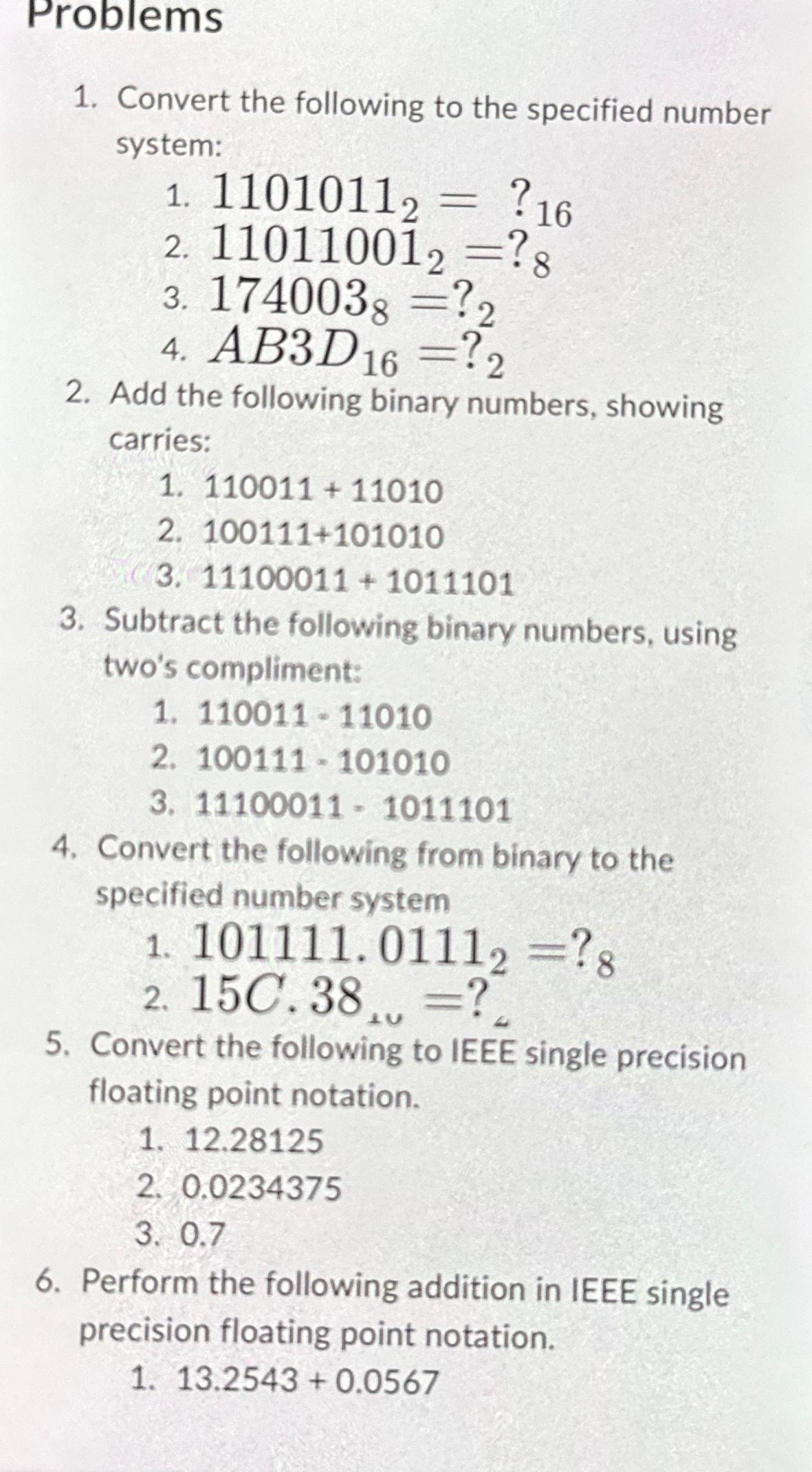 Solved ProblemsConvert the following to the specified number | Chegg.com