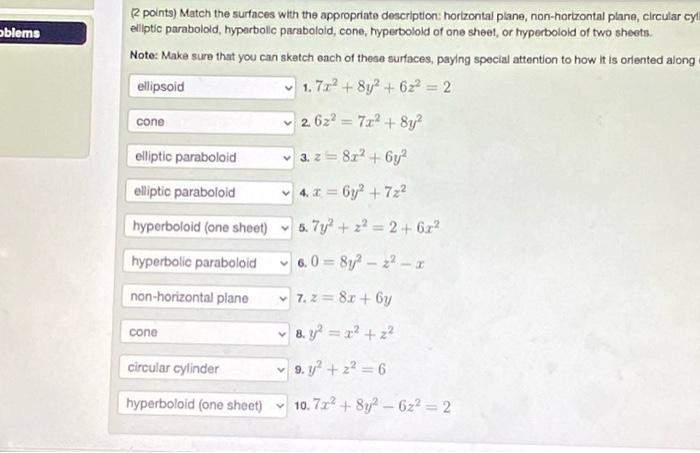 Solved (2 points) Match the surfaces with the appropriate | Chegg.com