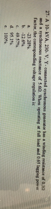 Solved 27 A 10 Kva 230 V Y Connected Synchronous