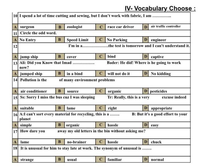 IV- Vocabulary Choose: | Chegg.com