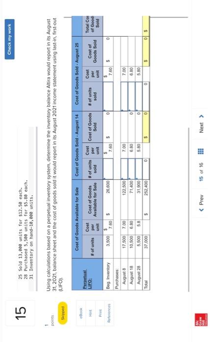 Solved Check my work 15 Exercise 8-15 (Algo) LIFO: perpetual | Chegg.com