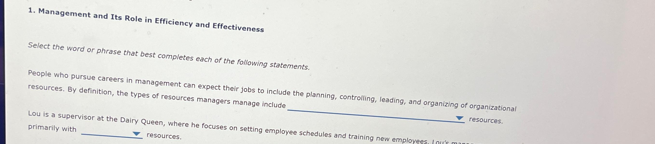 Solved Management and Its Role in Efficiency and | Chegg.com