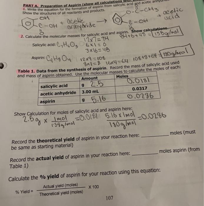 Solved 1. Write the equation for the formation of aspirin | Chegg.com