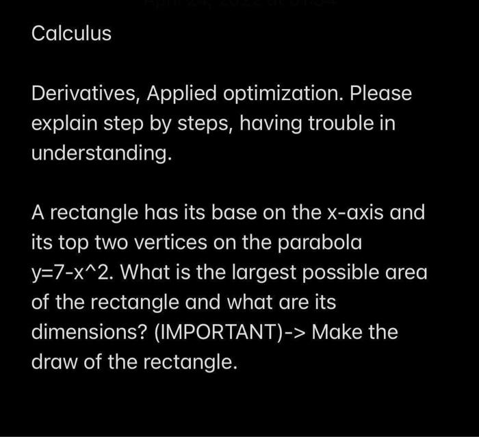 Solved Calculus Derivatives, Applied optimization. Please | Chegg.com
