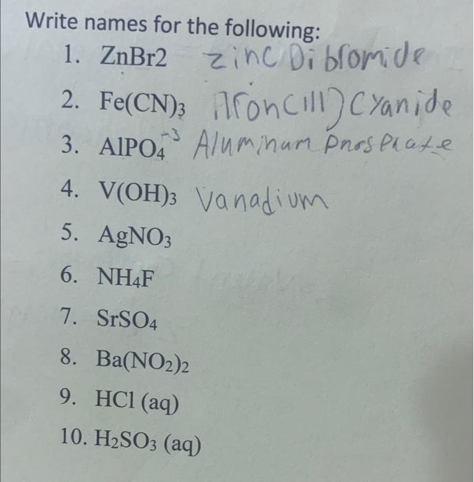 Solved Write names for the following: 1. ZnBr2 zinc | Chegg.com