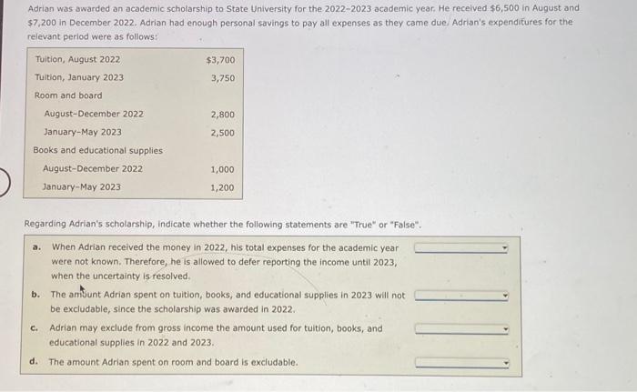 Solved Adrian was awarded an academic scholarship to State | Chegg.com
