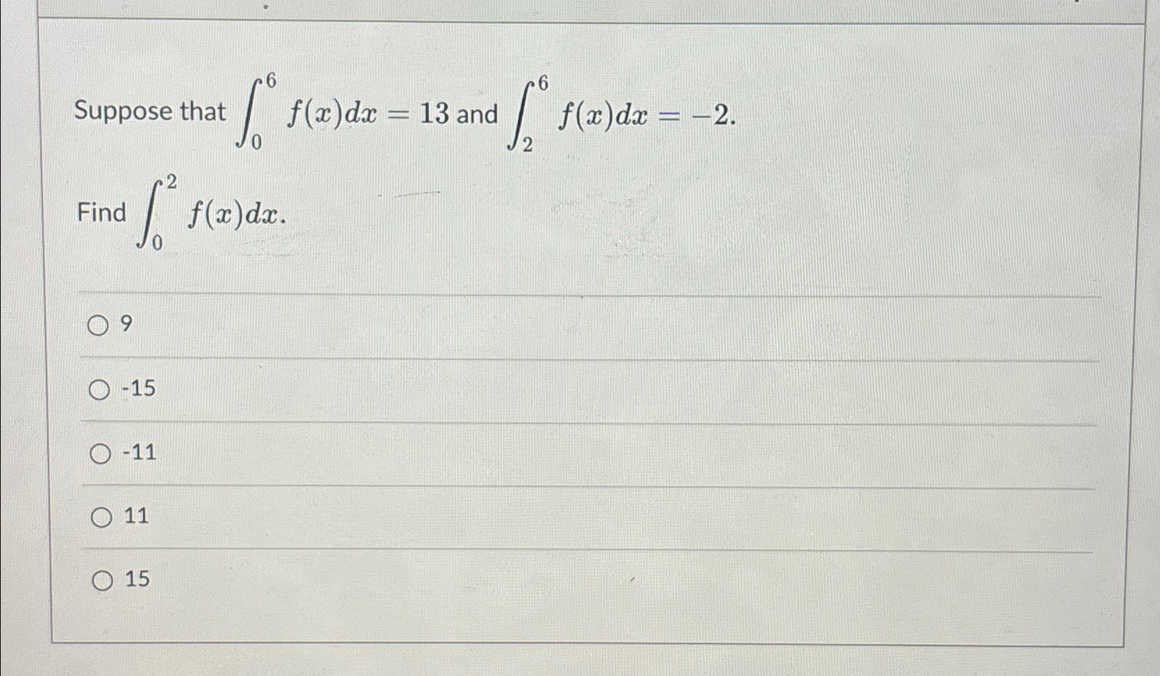 Solved Suppose that ∫06f(x)dx=13 ﻿and ∫26f(x)dx=-2.Find | Chegg.com