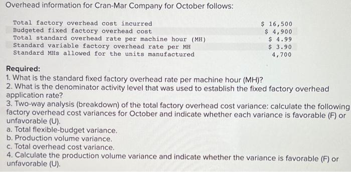 Solved Required: 1. What is the standard fixed factory | Chegg.com