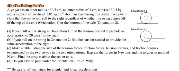 Solved 4D. (The Rolling Yo-Yo) A yo-yo has an inner radius | Chegg.com