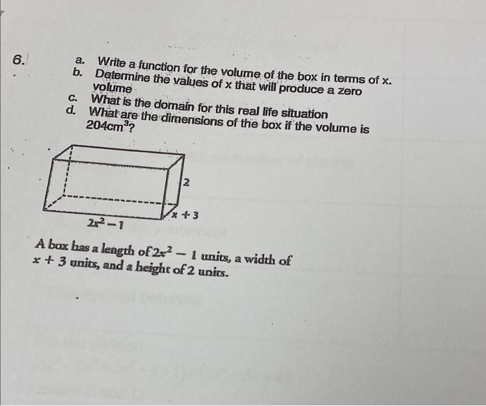 Solved a. Write a function for the volume of the box in | Chegg.com