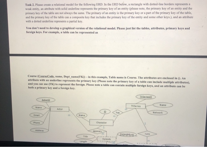Task 2. Please create a relational model for the following ERD. In the ...