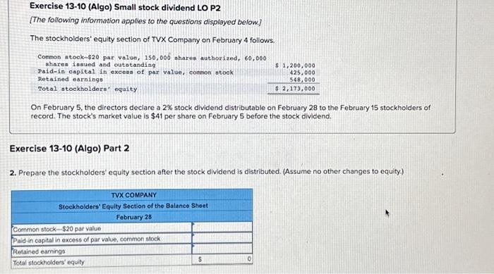 Solved Exercise 13-10 (Algo) Small stock dividend LO P2 [The | Chegg.com