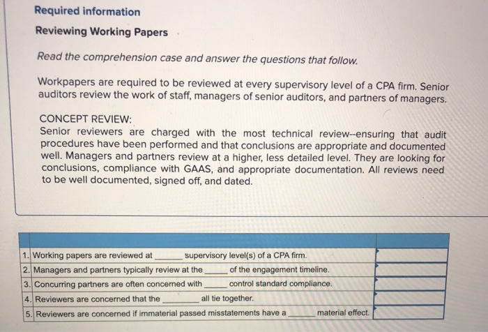 Solved Required information Reviewing Working Papers Read | Chegg.com