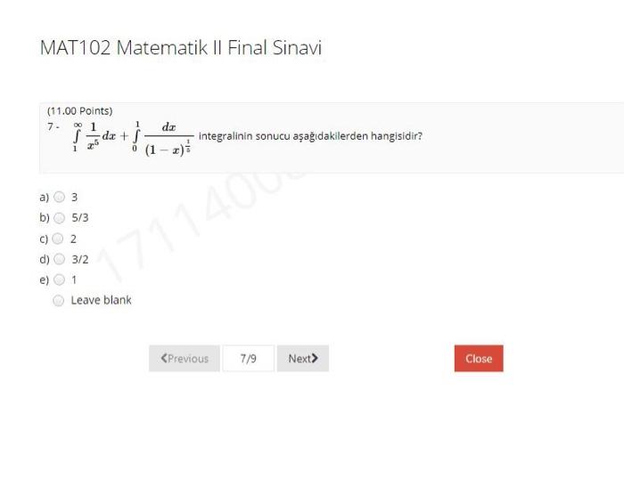 Solved 7. a) 3 b) 5/3 c) 2 d) 3/2 e) 1MAT102 Matematik II | Chegg.com