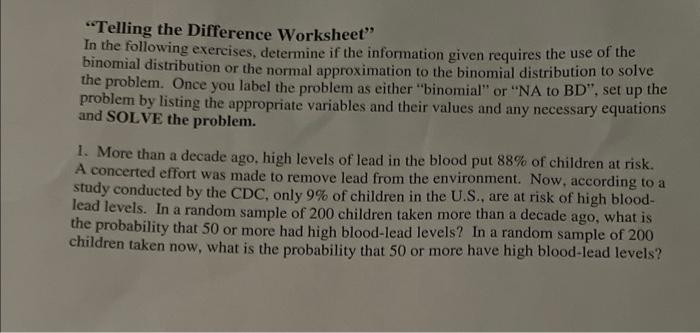 Solved "Telling the Difference Worksheet", In the following | Chegg.com