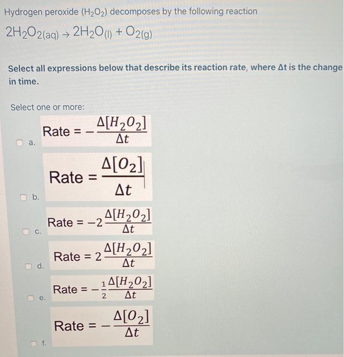Solved Hydrogen peroxide (H2O2) decomposes by the following | Chegg.com