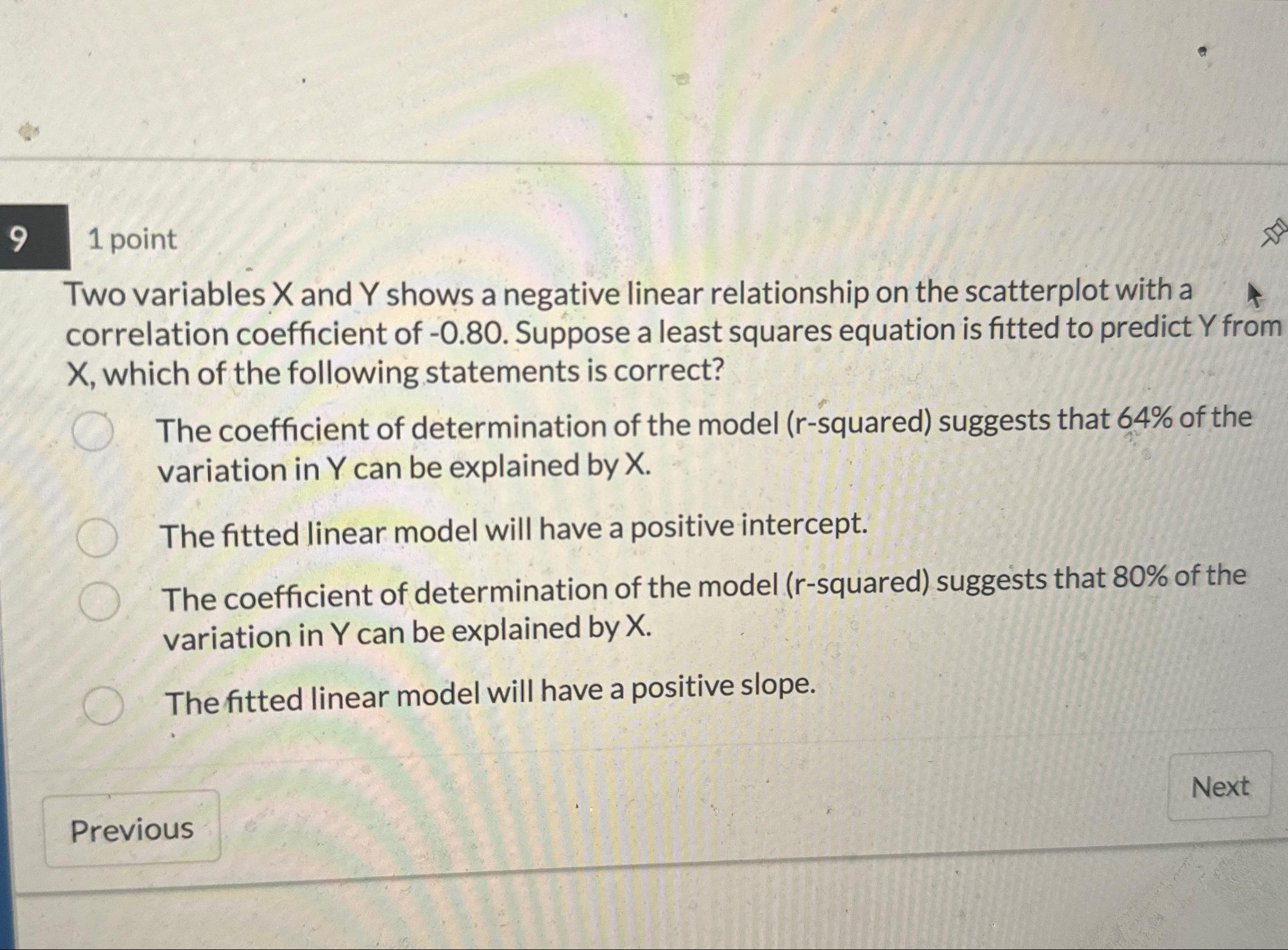 Solved 1 ﻿pointTwo variables x ﻿and Y ﻿shows a negative | Chegg.com