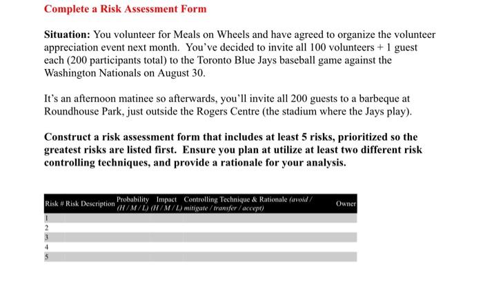 Solved Complete a Risk Assessment Form Situation: You | Chegg.com