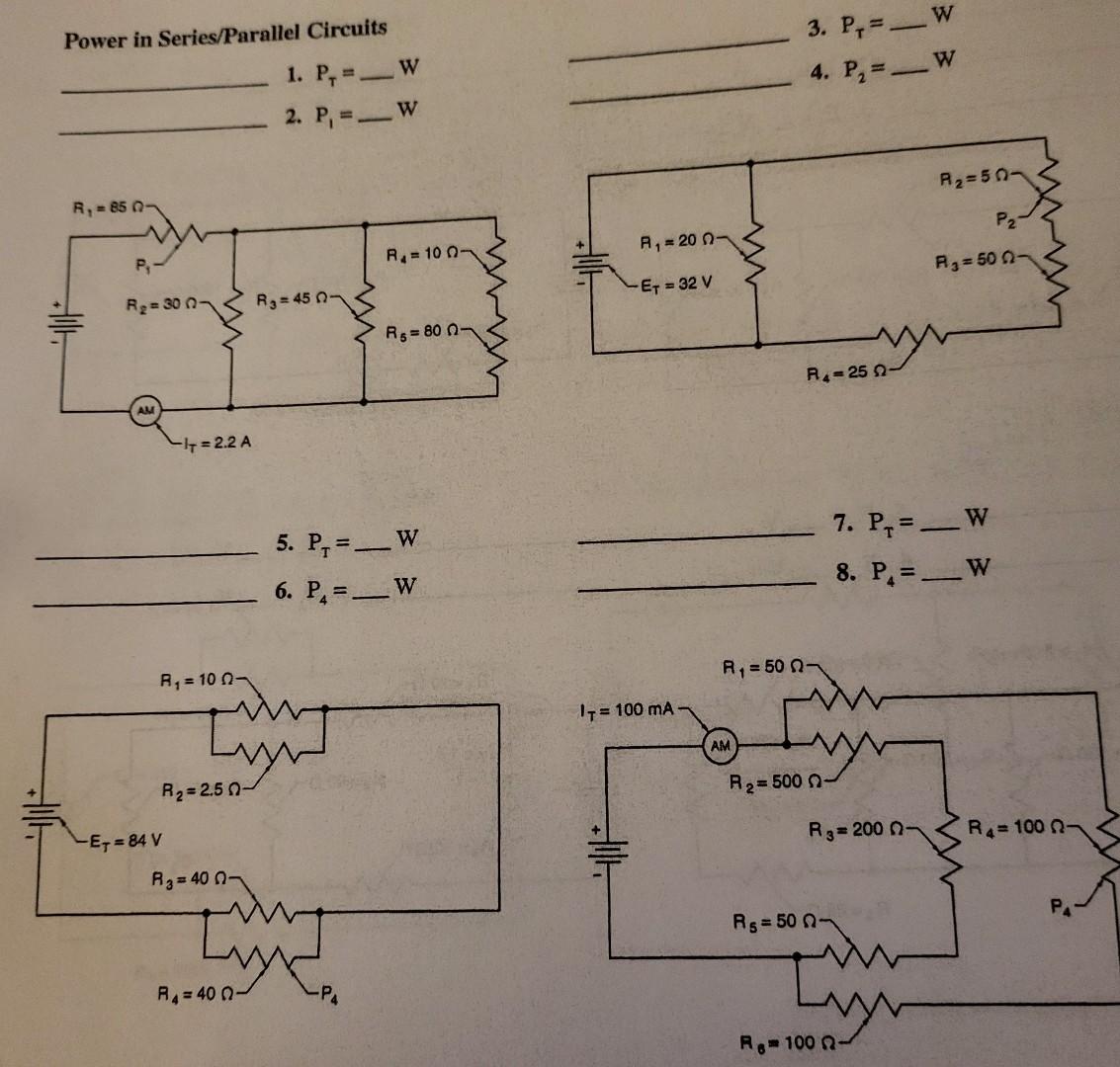 Solved Power in Series/Parallel Circuits 1. PT=−W 2. P1=−W | Chegg.com