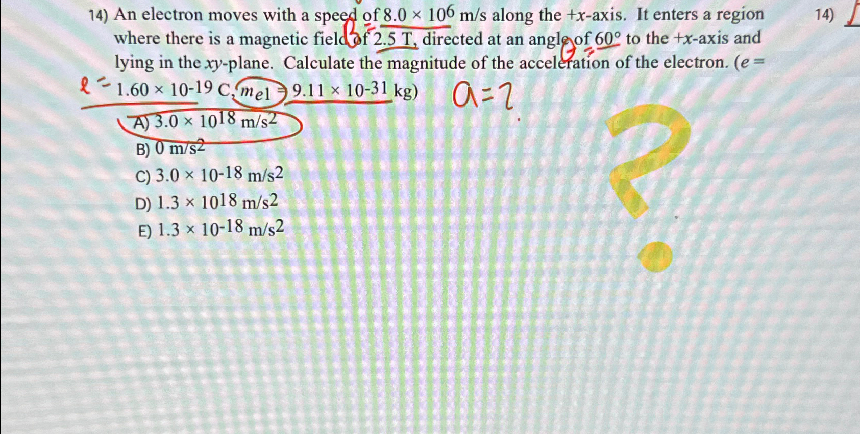 Solved An electron moves with a speed of 8.0×106ms ﻿along | Chegg.com