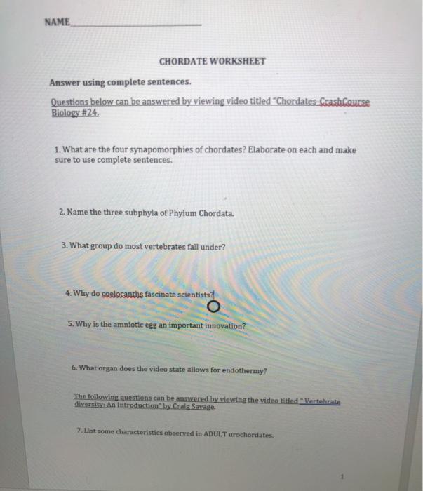 Solved NAME CHORDATE WORKSHEET Answer using complete | Chegg.com