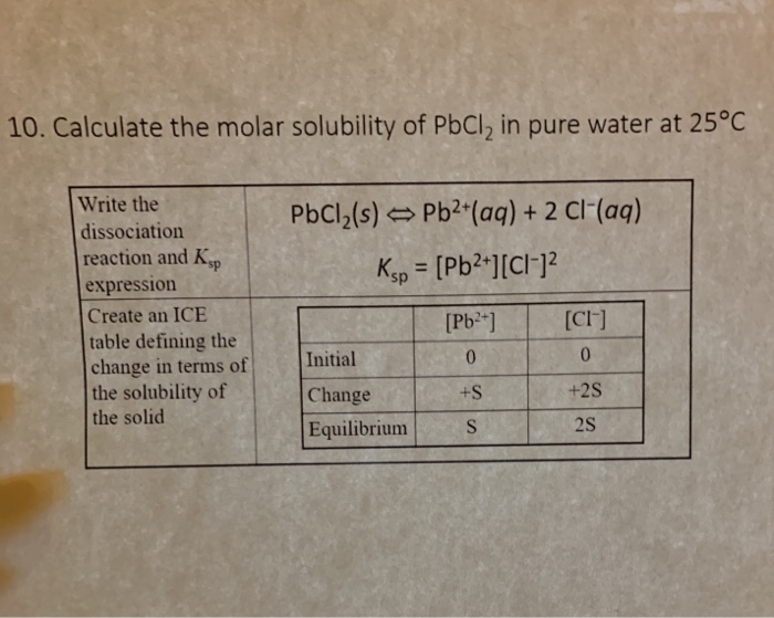 Solved 10. Calculate the molar solubility of PbCl, in pure | Chegg.com
