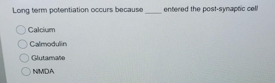 Solved Long term potentiation occurs because entered the | Chegg.com