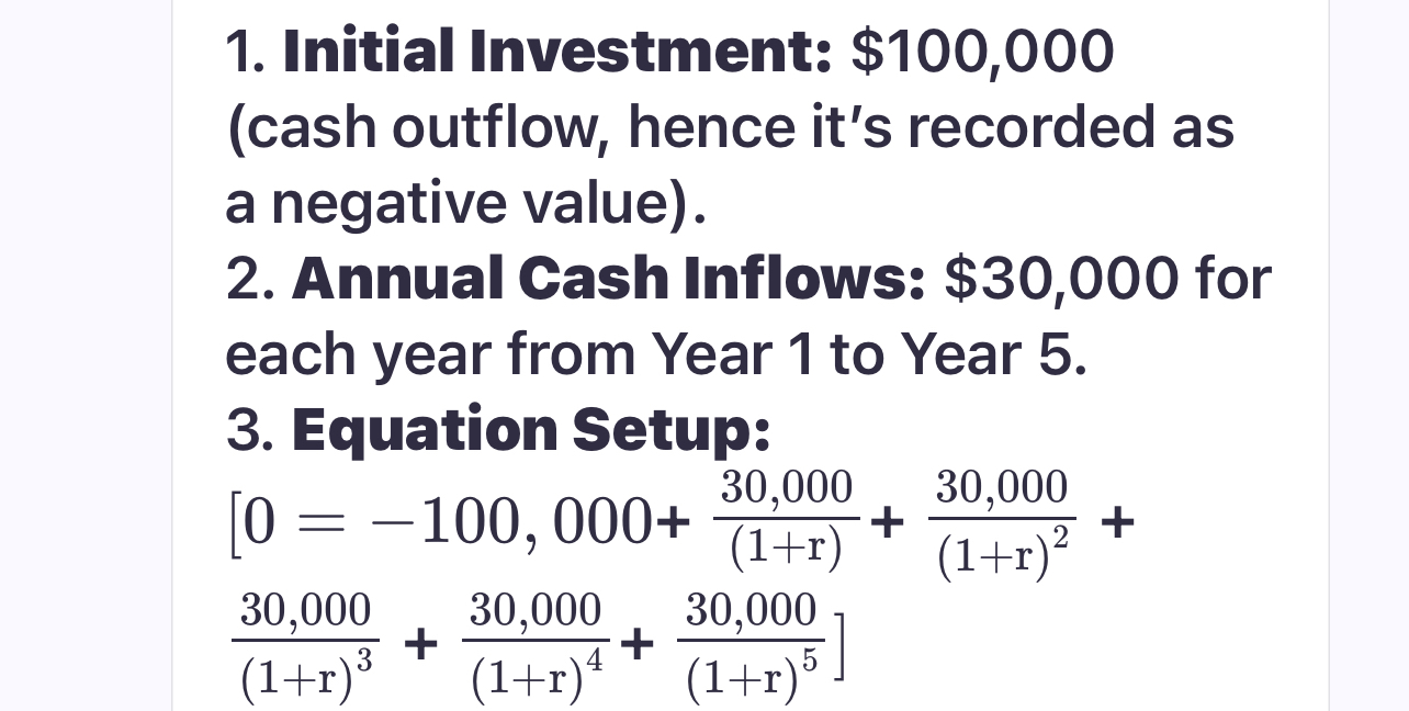 Solved Initial Investment: $100,000 (cash outflow, hence | Chegg.com