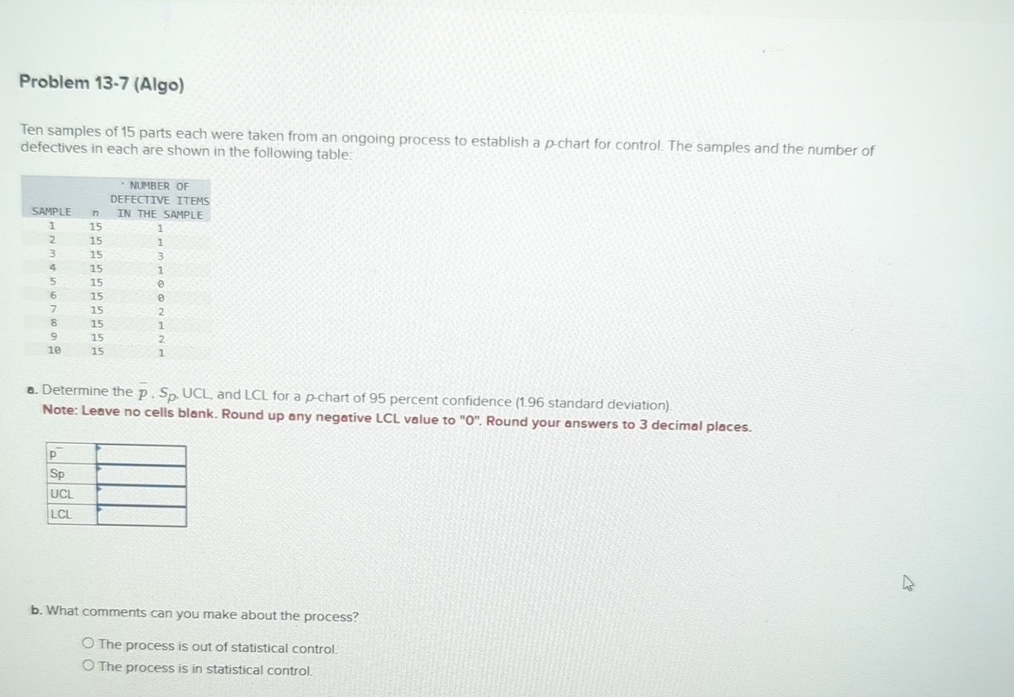 Problem 13-7 (Algo)Ten samples of 15 ﻿parts each were | Chegg.com