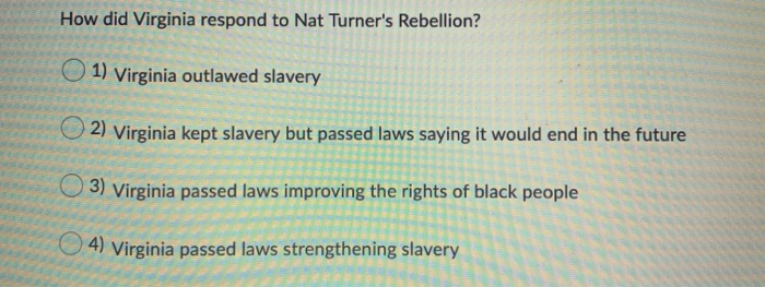 How did Virginia respond to Nat Turner's Rebellion? | Chegg.com