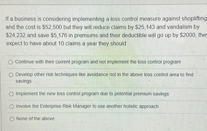 Solved If a business is considering implementing a loss | Chegg.com